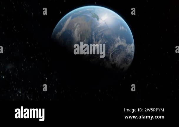 Epic view of flying under the Earth planet in space with sun flare ...