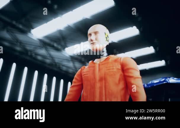 Robot crash test dummy speaking near car crash test. Future concept ...