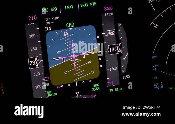 Flight instruments panel of a modern passenger airplane flying at night ...