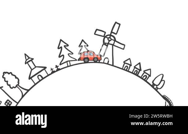 Cartoon car is driving on road around planet Earth. Discovery concept ...