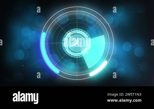 Animation of scope scanning with clock and spots of blue lights over black background. global ...