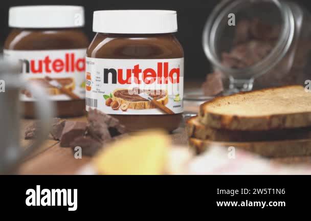 AACHEN, GERMANY - JAN 07, 2021: Pot of Nutella, the popular brand name ...