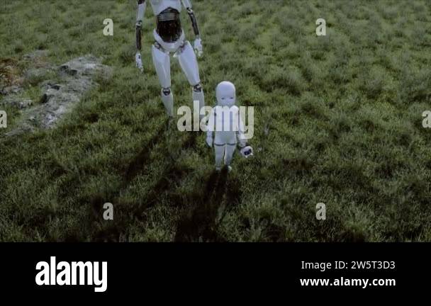 mother robot with her baby robot in the meadow on the background of a ...
