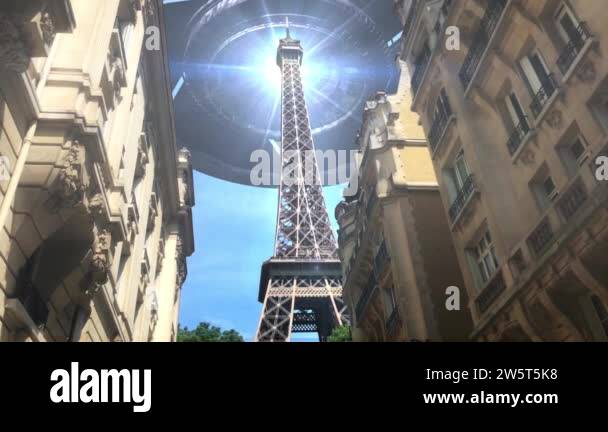 Large Flying saucer ufo over Paris and Eiffel Tower,live action footage ...