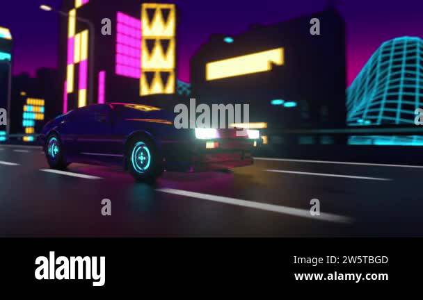 80s retro background 3d loop animation. Futuristic car drive through ...