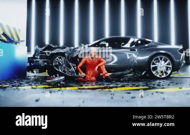 Robot crash test dummy sitting near destroyed car crash test. Future ...