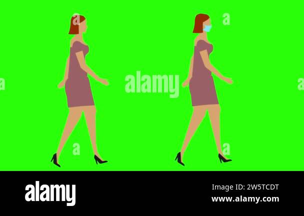 Women walking cycle seamless loop , face mask version, green screen ...