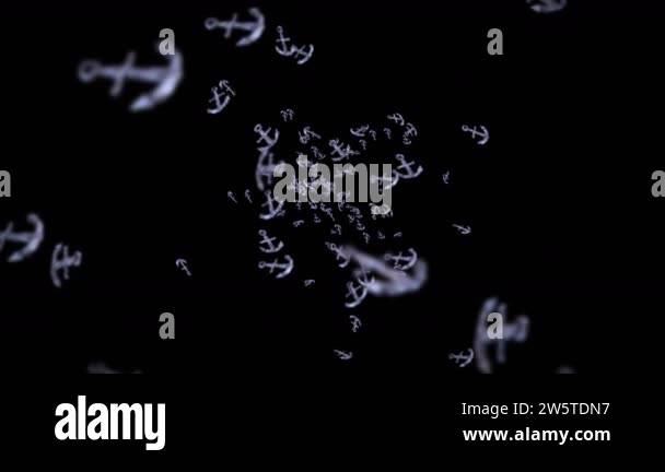 Flying many anchors on black background. Ship and boat anchor. Marine icon. 3D loop animation of ...