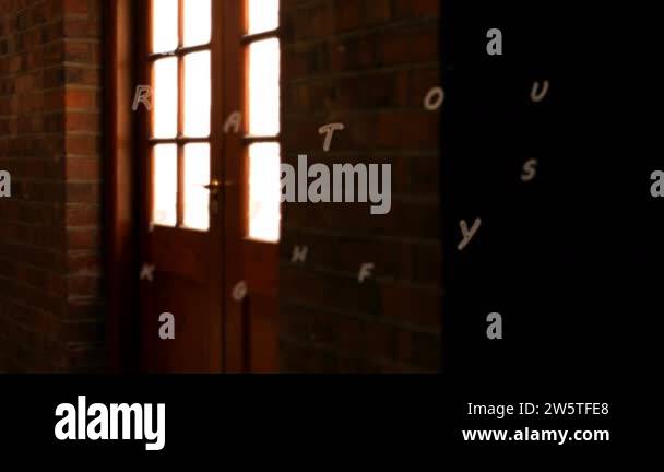 Digital composition of multiple alphabets floating against empty school ...