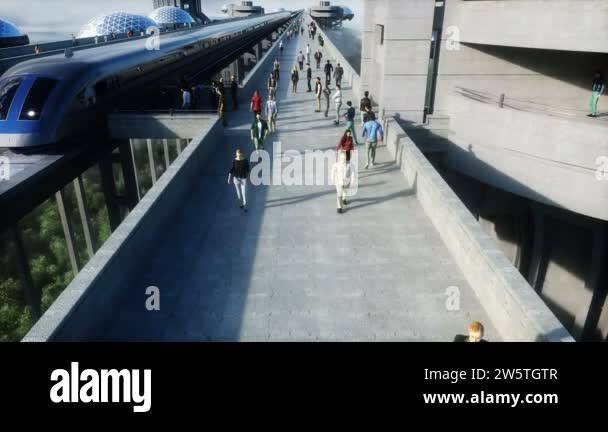 futuristic train station with monorail and train. traffic of people ...