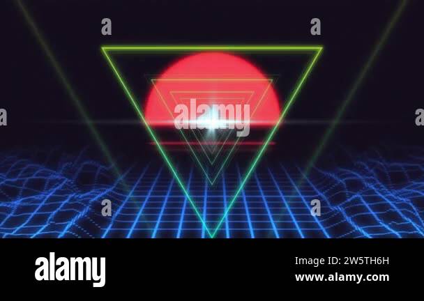 Concentric triangle outlines on red rising sun with distorting blue ...