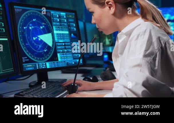 Workplace of the professional air traffic controller in the control ...