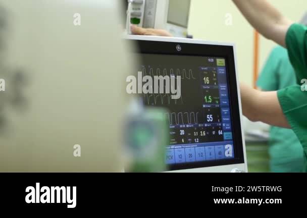 Heart rate monitor in hospital theater. Medical vital signs monitor ...
