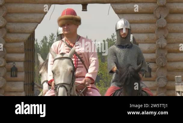 Two Knights in Chain Armor And Helmets Are Riding out from the Fortress ...