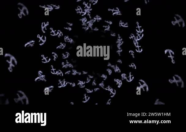 Flying many anchors on black background. Ship and boat anchor. Marine icon. 3D loop animation of ...