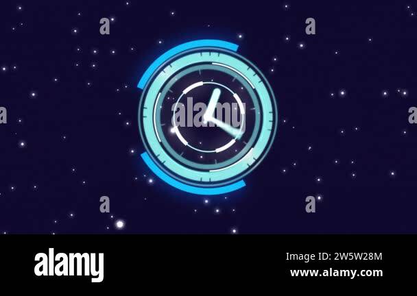 Animation of scope scanning with clock over moving spots of lights black background. global ...