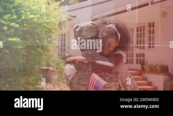 Animation of flag of usa waving over crying african american soldier ...