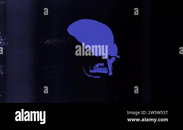 Blue rotating human skull on black background. PHOTOCOPY paper texture ...