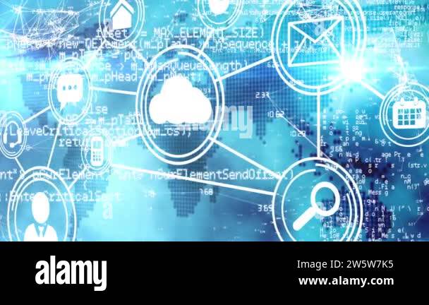 Animation of technological icons with a world map and moving data and ...