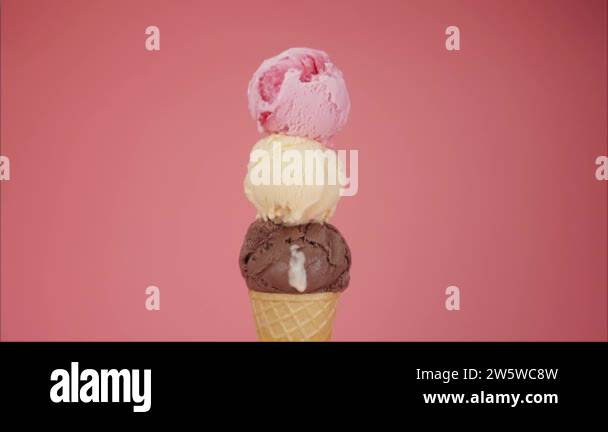 Time lapse, Melting of three flavors of ice cream on a cone. Ice cream ...