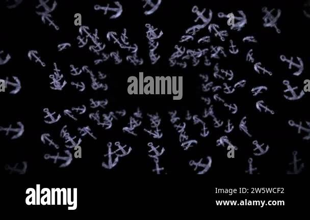 Flying many anchors on black background. Ship and boat anchor. Marine icon. 3D loop animation of ...