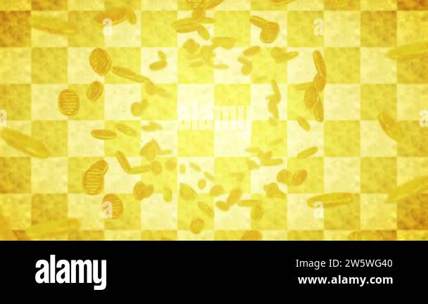 Flying many Koban coins on golden background. Japanese oval golden coin ...