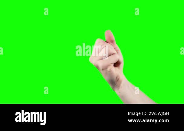 Female Caucasian hand opens palm on greenscreen. Finger gestures on ...