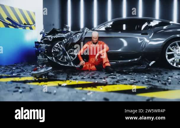 Robot crash test dummy sitting near destroyed car crash test. Future ...