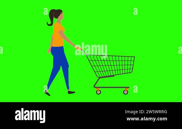 Women walking cycle seamless loop ,pulling the shopping cart, green ...