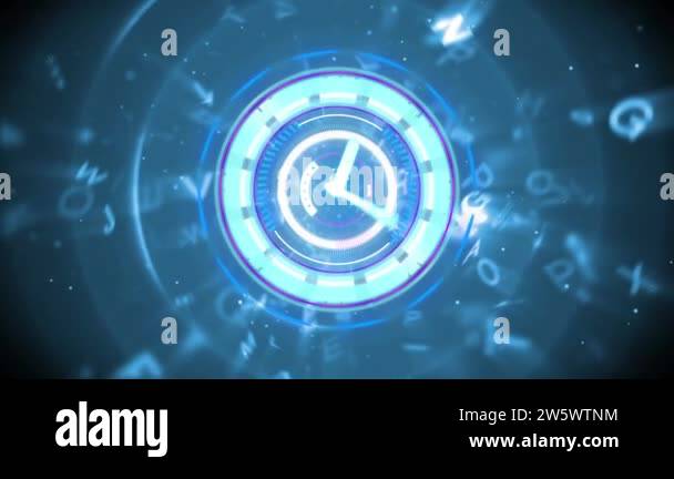 Animation of scope scanning with clock over spinning numbers on black background. global ...