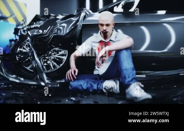 Human crash test dummy sitting near destroyed car crash test. Future ...