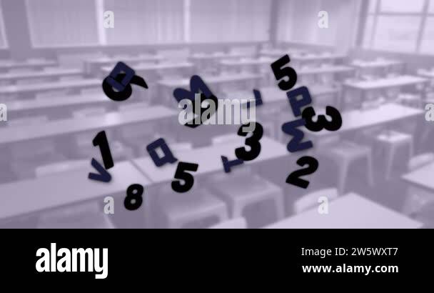 Digital composition of changing numbers and alphabets floating against empty classroom. school ...