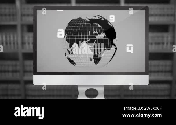 Multiple changing numbers, alphabets and spinning globe on computer ...