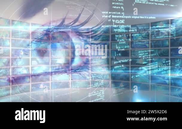 Animation of a human eye with data and information moving over multiple ...