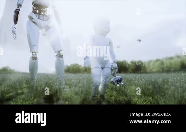 mother robot with her baby robot in the meadow on the background of a ...