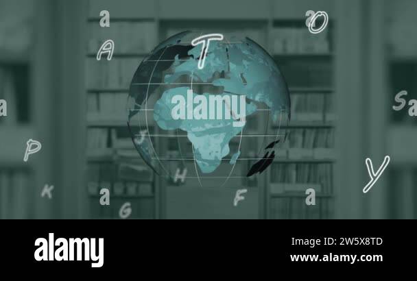 Digital composition of alphabets floating over spinning globe against ...