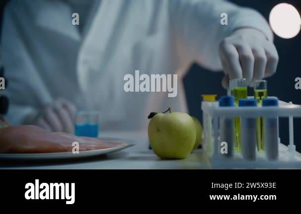 Bioengineering concept. Meat, vegetables and fruits are genetically modified food. Genetically ...