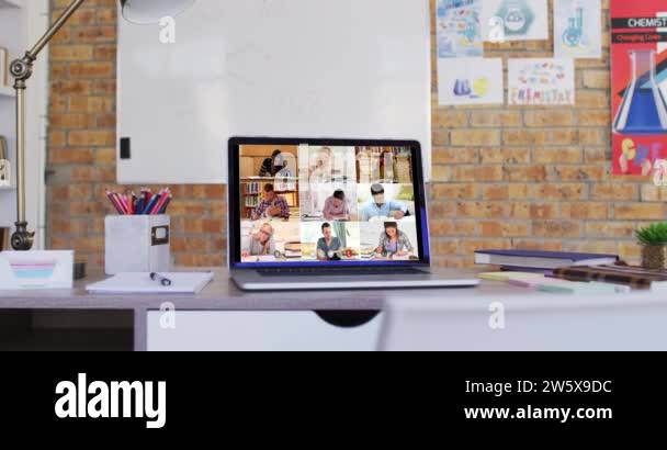 Group of female students learning displayed on laptop screen during video call. Online education ...