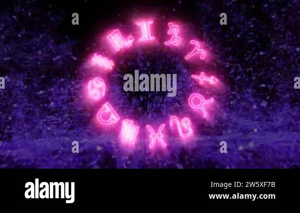 Zodiac sign slow rotate and abstract dark violet million particles ...