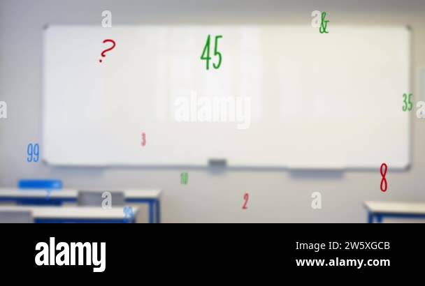 Digital composition of changing numbers and symbols floating against empty classroom. school and ...