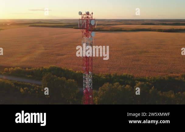 Telephone mast of cell site tower with 5G and 4G base station. Aerial ...