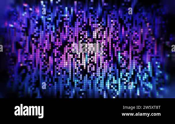 Pixel rain on black background. Motion. Colored pixels move down in ...