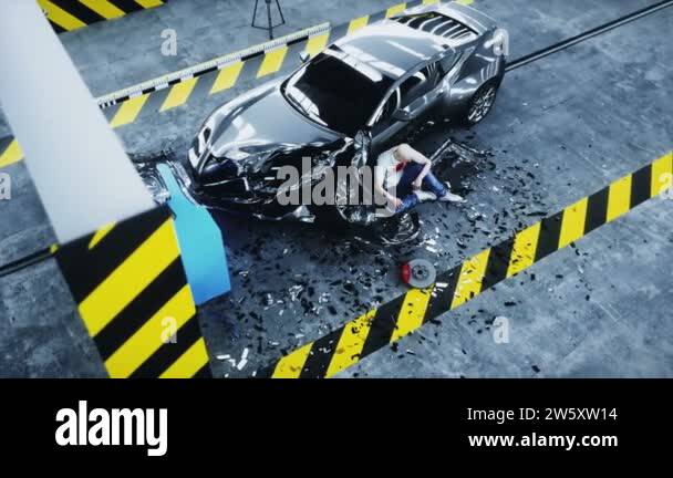 Human crash test dummy sitting near destroyed car crash test. Future ...