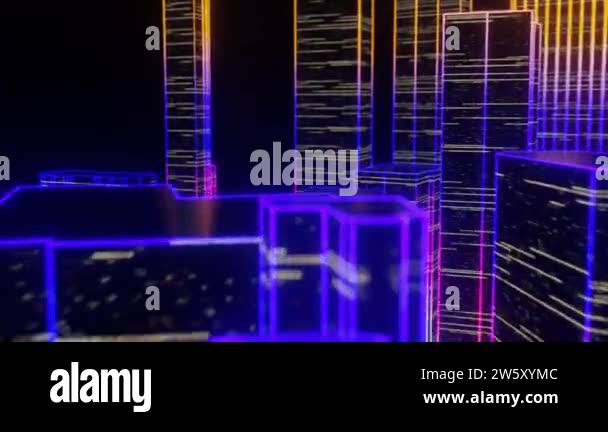 Flight through big futuristic neon city. Seamless VJ loop. Technology ...