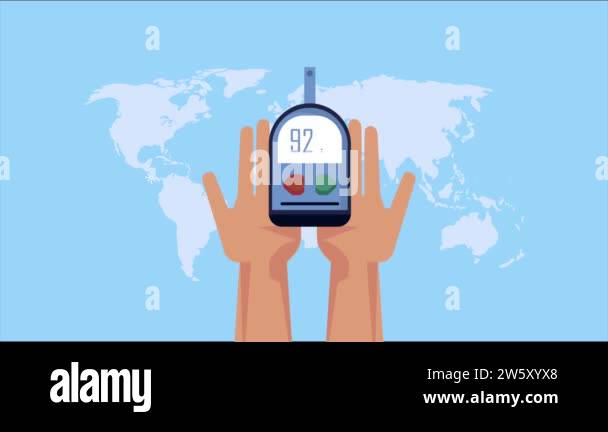 diabetes disease animation with hands lifting glucometer and earth maps ...