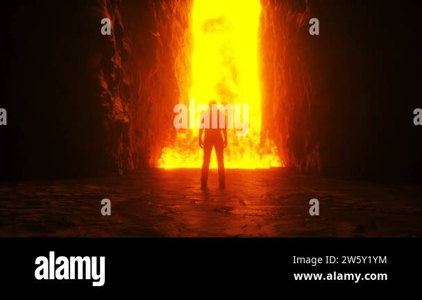 Sinner. A lonely sinfull man stands in front of a hell gates. Hell fire ...