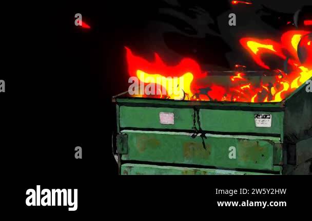Dumpster Fire Cartoon Look on Black 4K Loop features a dumpster with ...