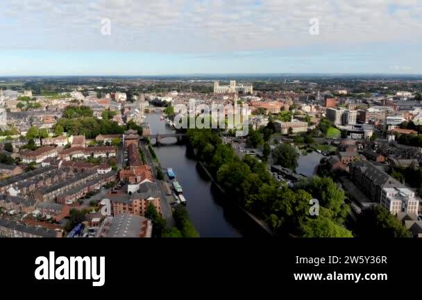 Aerial footage of the town of York located in North East England and ...
