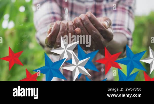 Animation of red, blue and white stars over african american male ...