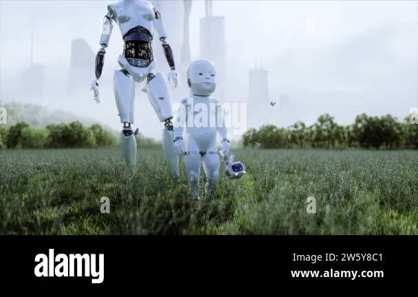 mother robot with her baby robot in the meadow on the background of a ...